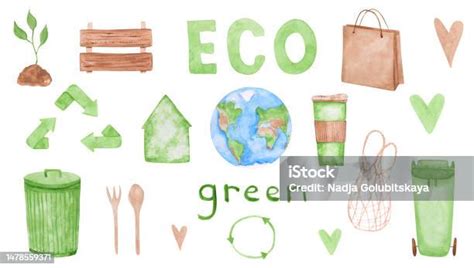 흰색으로 분리된 19개의 재활용 개체 집합입니다 수채화 쓰레기통 종이 봉지 나무 상자 커피 컵 식물 새싹 행성 온실 심장 포크 기호 녹색및 기호 에코 지구의 날 삽화 0명에