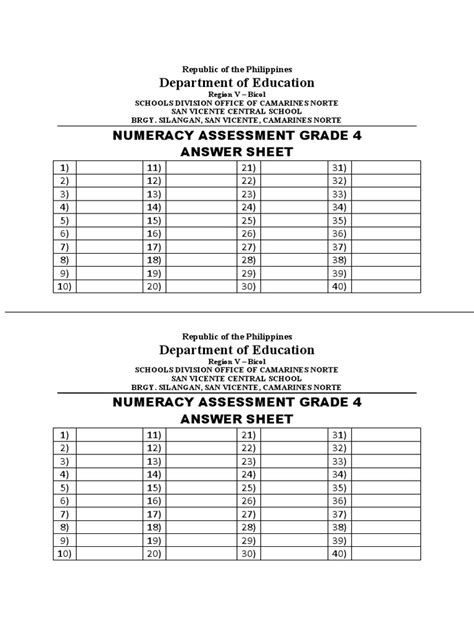 Grade 1 6 Numeracy Assessment Answer Sheets Pdf Philippines