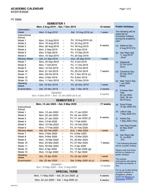 Nus Academic Calendar Ay2019 2020 Academic Term Behavior Modification