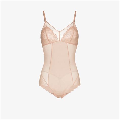 Spanx Beige Spotlight On Lace Mesh Shape Bodysuit Browns