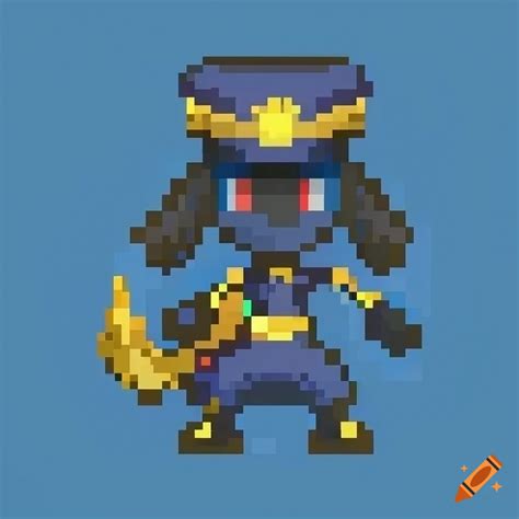 Riolu Wearing Captain Dark Blue Uniform With Yellow Lining In Pixel Art