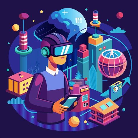 Premium Vector A Man Wearing A Virtual Reality Mask Is Looking At His Phone