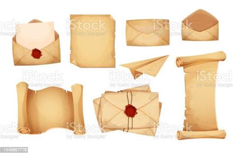 흰색 배경에 고립 된 만화 스타일의 빨간 왁스 씰빈티지 봉투 편지 종이를 설정합니다 오래된 그런지 종이 질감 골동품 메일 대응 벡터 일러스트레이션 가리기에 대한 스톡 벡터