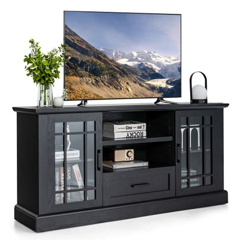 Tv Stand For Tvs Up To 70 With Glass Doors Cubbies And Drawer Costway