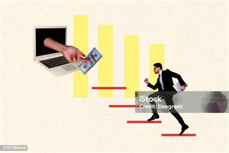 3d 콜라주 디자인 합성물 트렌드 삽화 스케치 젊은이 실업가 산책 사다리 목표 고용 노트북 손 보류 돈 달러 30 34세에 대한 스톡 사진 및 기타 이미지 Istock