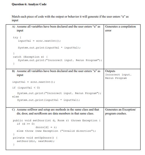 solved question 6 analyze code match each piece of code