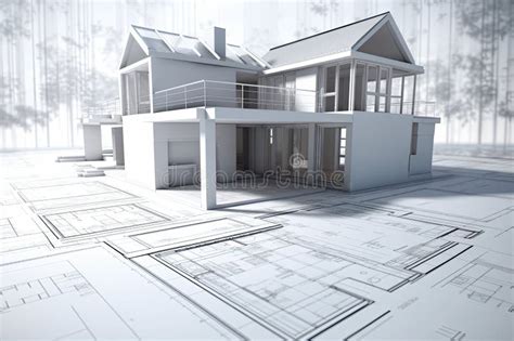 Building Project Plan Blueprint Of A Modern House With 3d Model Stock Illustration