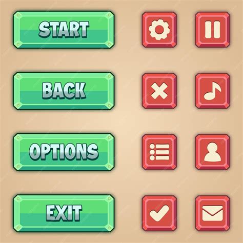 만화 스타일의 편집 가능한 텍스트 효과와 아이콘이 있는 게임 버튼 세트 게임 Ui 버튼 키트 프리미엄 벡터