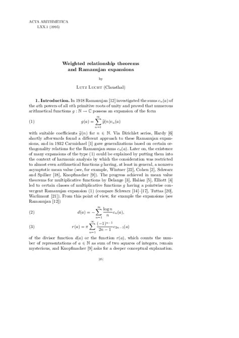 Pdf Weighted Relationship Theorems And Ramanujan Expansions Lutz Lucht