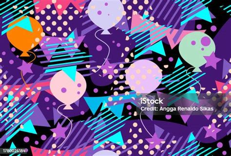 풍선 별 깃발 점 및 추상적 인 기하학적 모양으로 생일 완벽 한 패턴 디자인 기하 도형에 대한 스톡 벡터 아트 및 기타 이미지