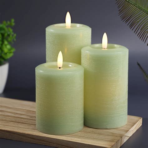 Essentials Sage Green Flameless Pillar Candles Set Lumipur
