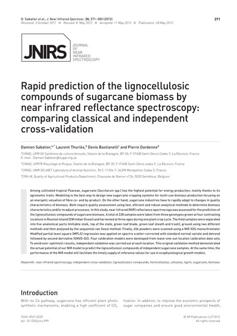 Pdf Rapid Prediction Of The Lignocellulosic Compounds Of Sugarcane Biomass By Near Infrared