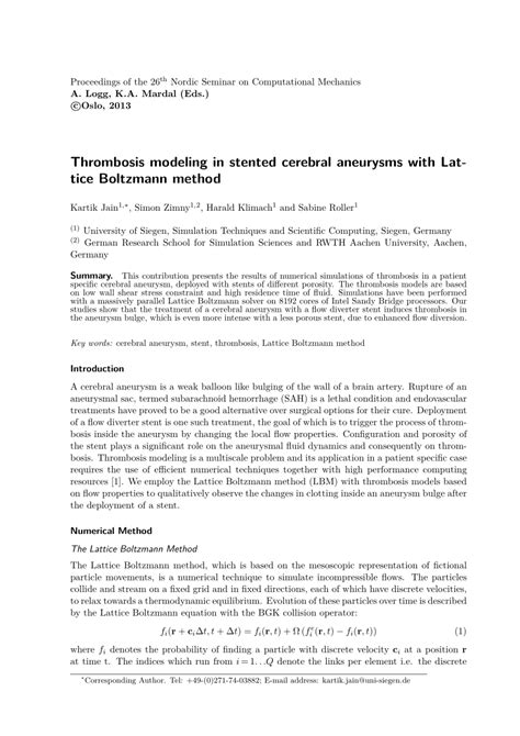 Pdf Thrombosis Modeling In Stented Cerebral Aneurysms With Lattice Boltzmann Method
