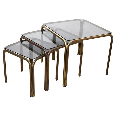 Set Of 3 Stackable Coffee Tables Brass And Smoked Glass 1970s For