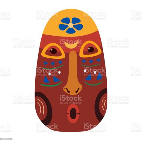 평평한 순진한 스타일의 꽃이있는 나무 아프리카 또는 티키 마스크 만화 벡터 일러스트 레이 션 0명에 대한 스톡 벡터 아트 및 기타 이미지 Istock