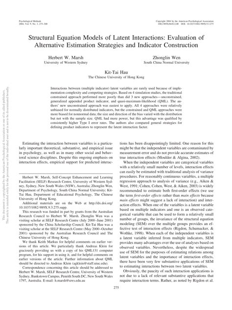 Structural Equation Models Of Latent Interactions Evaluation Of Alternative Estimation