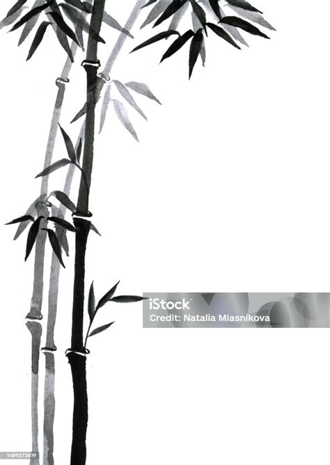 라이스 페이퍼 배경에 단순한 미니멀리스트 스타일의 대나무가 있는 수묵화 전통적인 동양 수묵화 Sumie Usin Gohua 상형