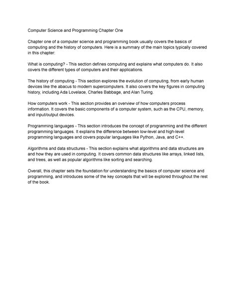 Computer Science And Programming Chapter One Here Is A Summary Of The