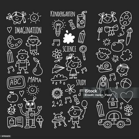 학교 유치원입니다 행복 한 아이 들 창의력 상상력 낙서 아이콘 아이 들과 함께입니다 재생 하 고 연구 하 고 행복 한 학생 과학