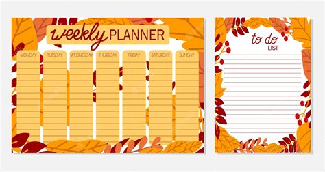 Еженедельный планировщик и список дел с осенними листьями Премиум векторы