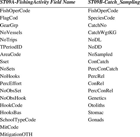 Summary Of ST Field Names Rows By Worksheet Columns