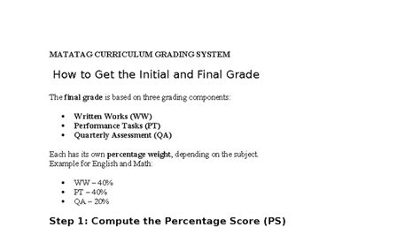 Matatag Curriculum Grading System Final Grade Calculation Studocu